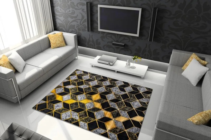 Kusový koberec Gloss 400B 86 3D geometric black/gold, 140x190, čierna, kancelária, Dywany Łuszczów