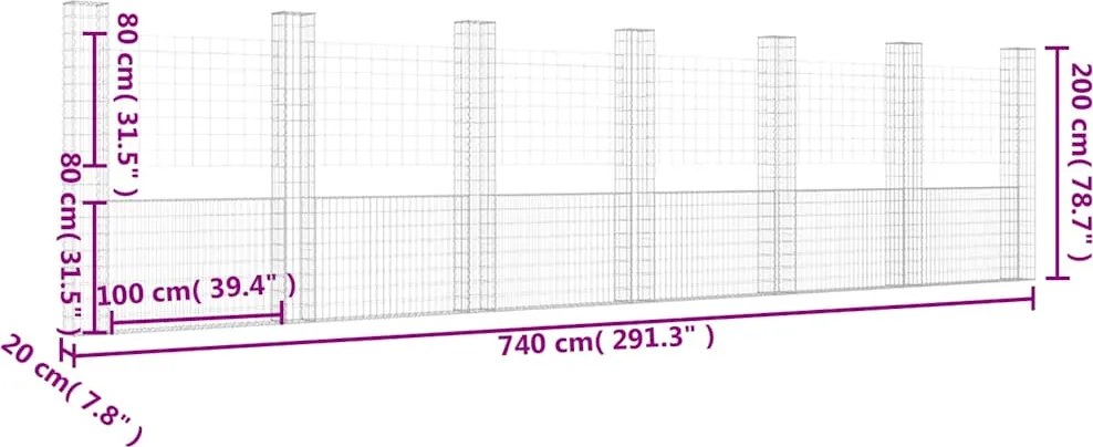 Gabionový koš ve tvaru U se 7 sloupky železo 740 x 20 x 200 cm 151294