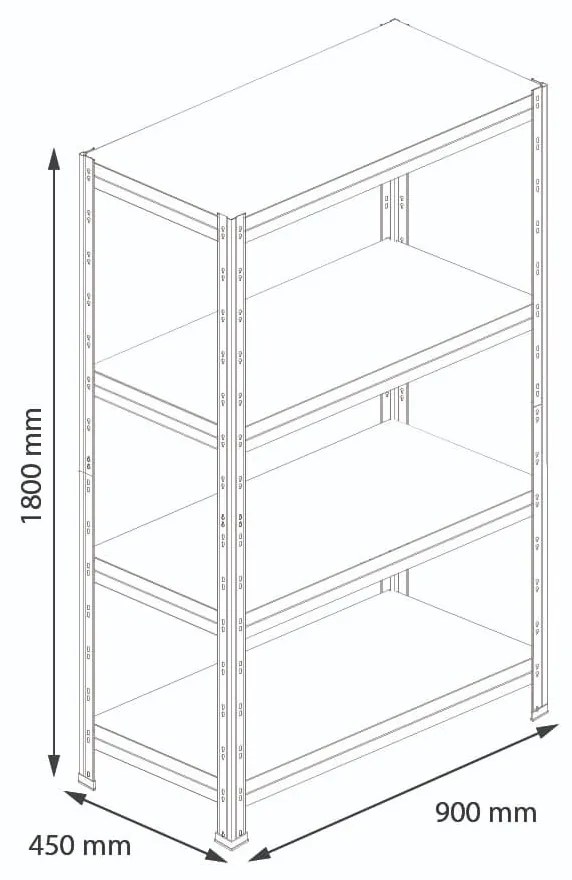 Bezšroubový kovový regál RIVET, 180x90x45 cm, 4x HDF police, antracitová barva