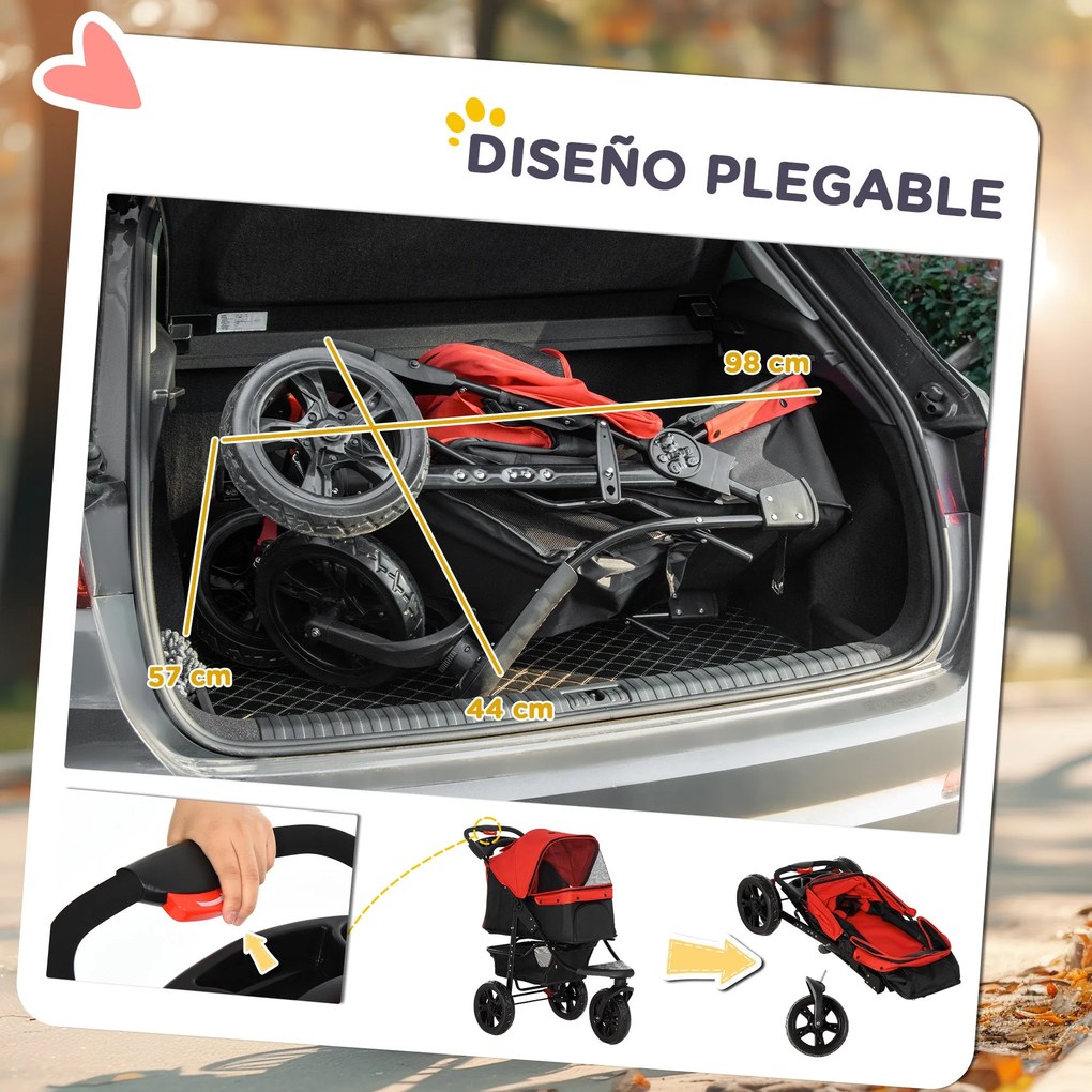 Skládací kočárek pro psy PawHut s 3 koly, síťovanými okny, košíkem a bezpečnostními popruhy, nosnost 25 kg, rozměry 109,5x57,5x106,5 cm, červený