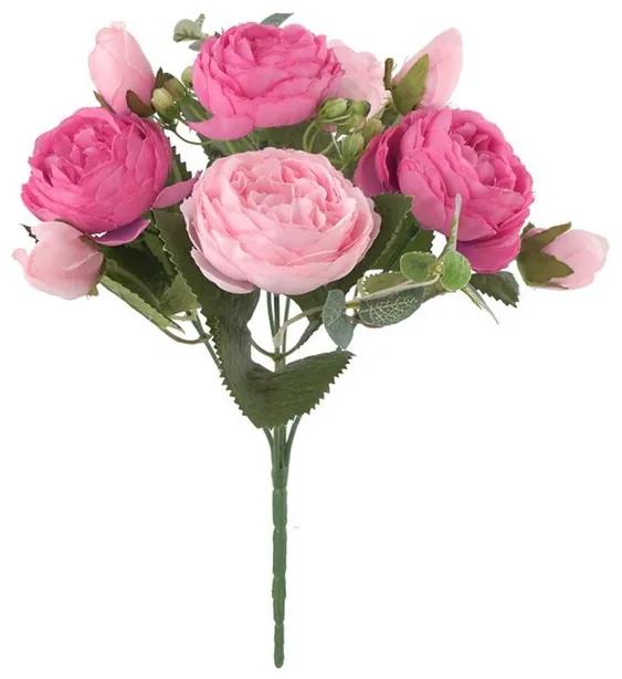 Umělá kytice 5 květů s listy - pivoňka, čajová růže Barva: růžová dvoubarevná(deep pink)