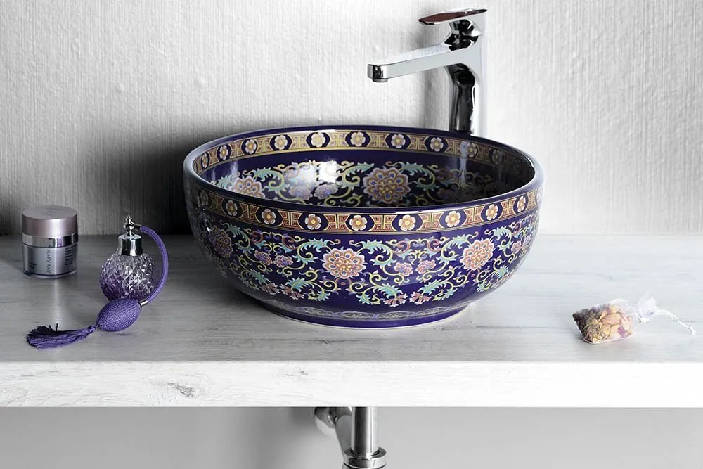 Sapho Sapho, PRIORI keramické umyvadlo, průměr 41 cm, 15 cm, fialová s ornamenty, PI022