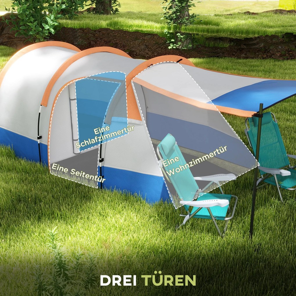 Outsunny Kempovací Stan, Tunelový Stan pro 3 Osoby, s Háčkem na Světlo, Předsíňkou, 2 Místnostmi, Dětský Stan Odolný proti Větru s Taškou, Stan s Vys…