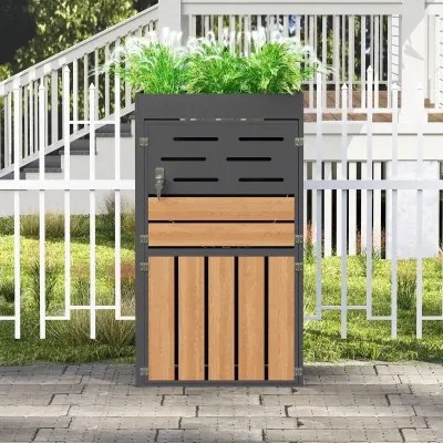 Aosom Multifunkční venkovní skříň 2v1 s integrovaným truhlíkem a prostorem na odpadkové koše, bez koše, 66x80x128 cm, šedá