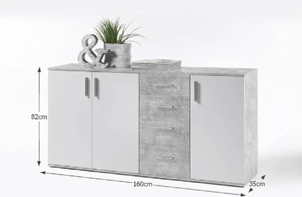 Komoda, bílá/beton, POPPY 3