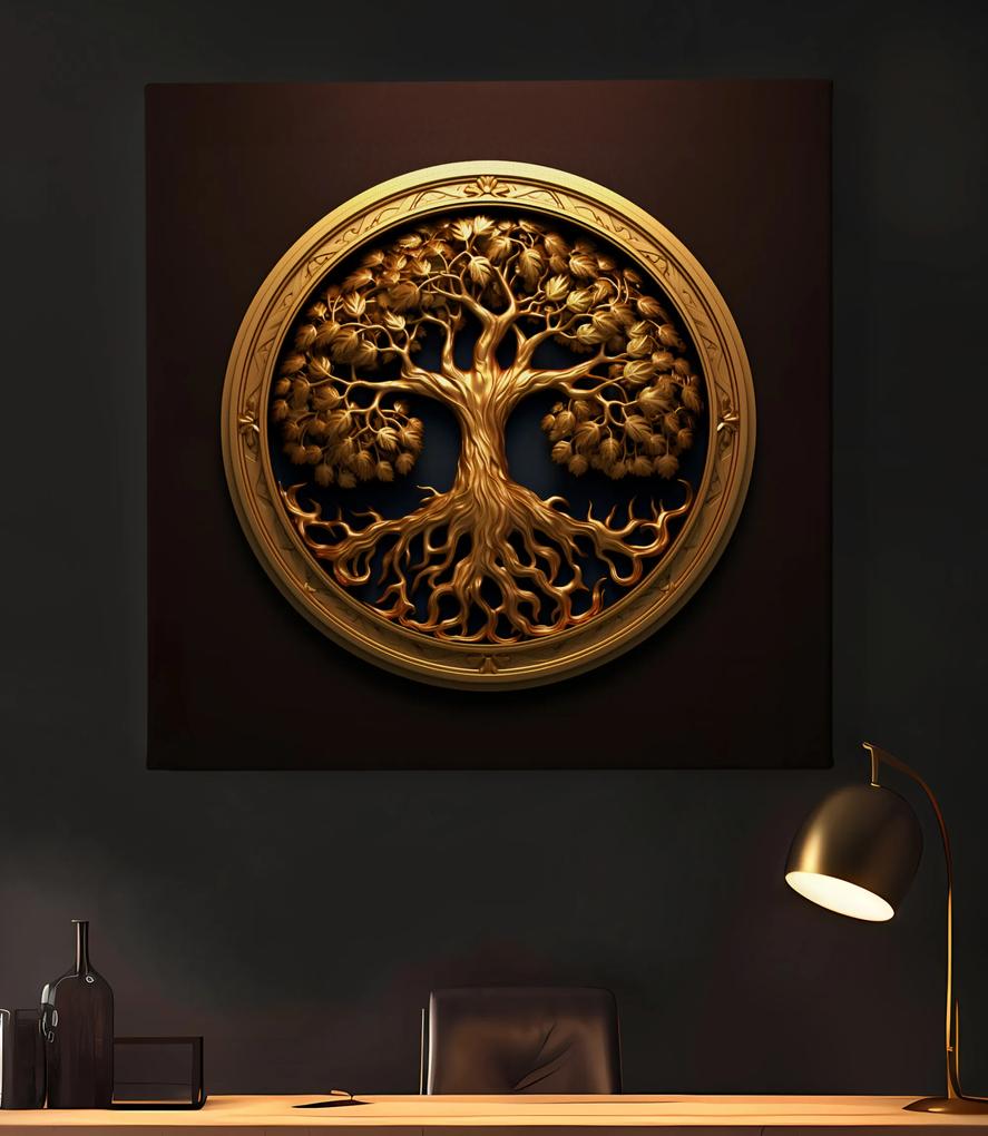 Obraz na plátně - Zlatý strom života v kruhu FeelHappy.cz Velikost obrazu: 140 x 140 cm