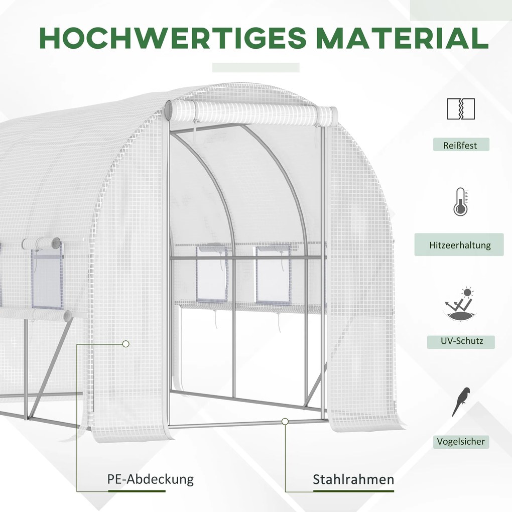 Fóliový skleník Outsunny 2,95x2x2m s rolovacími okny, UV ochrana a ochrana proti větru, ocelová konstrukce v bílé barvě | Aosom.de