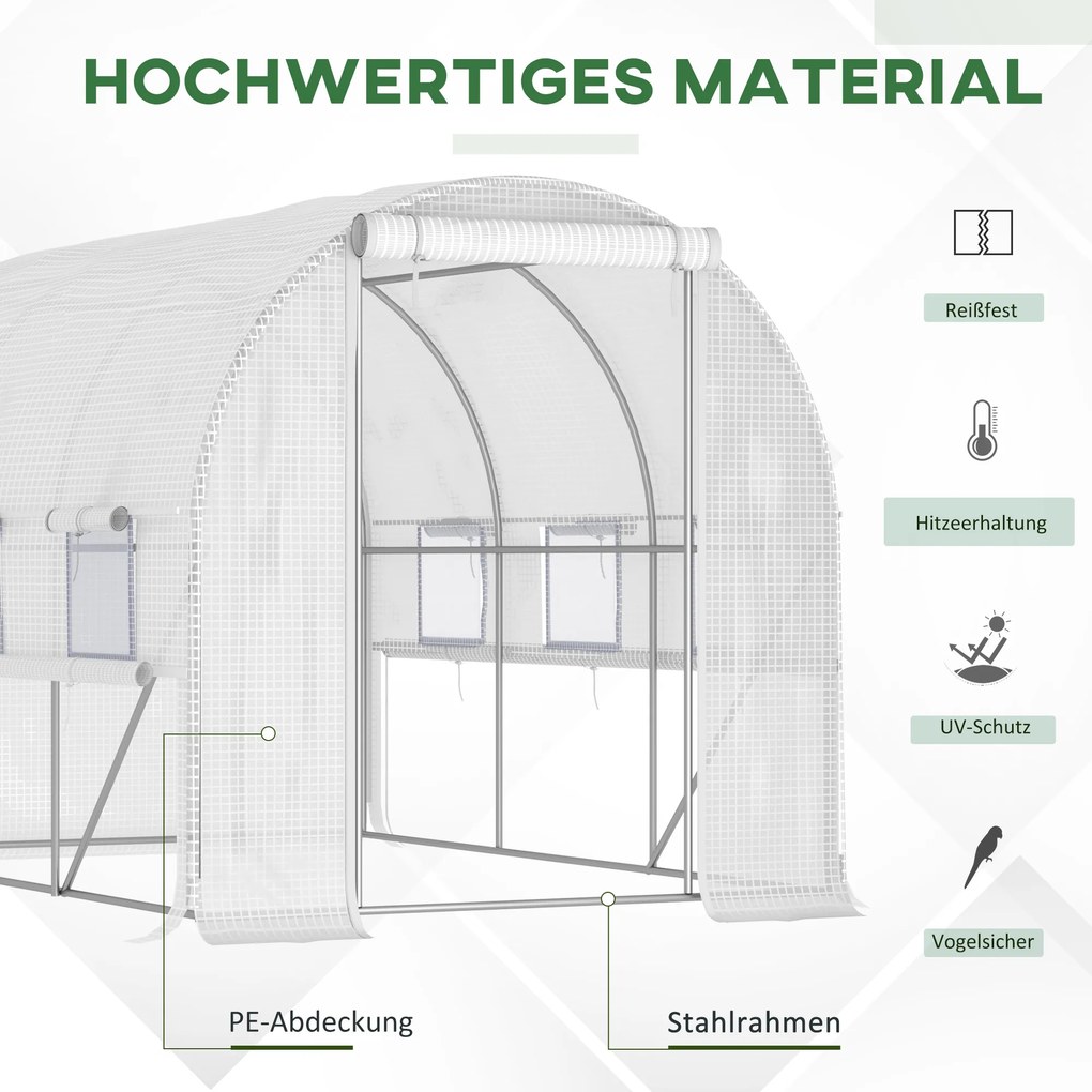 Fóliový skleník Outsunny 2,95x2x2m s rolovacími okny, UV ochrana a ochrana proti větru, ocelová konstrukce v bílé barvě
