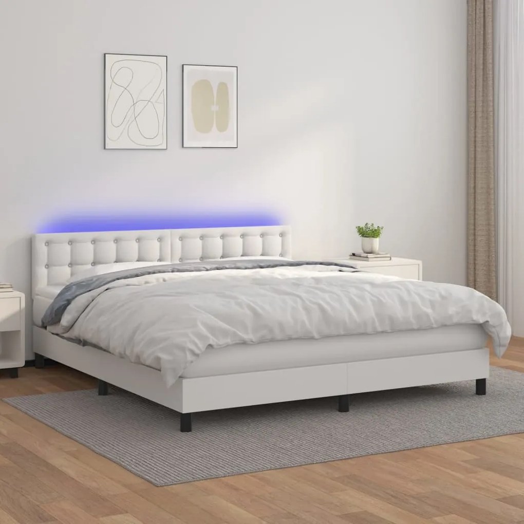 Box spring postel s matrací a LED bílá 180x200 cm umělá kůže