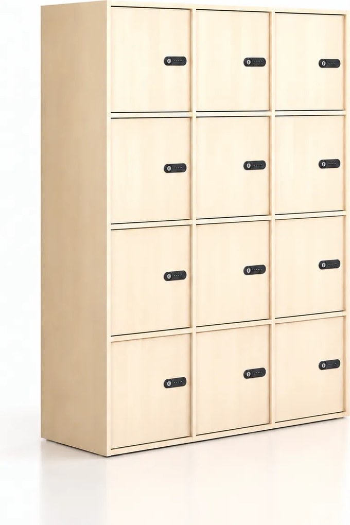 Kancelářská skříň FRAME, 12x dveře, 1299 x 450 x 1735 mm, mechanický kódový zámek, bříza