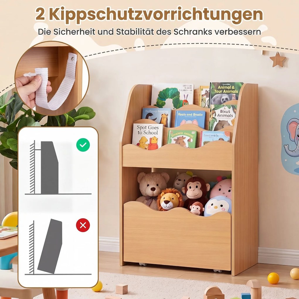 Costway Dětská knihovna 3patrová Montessori police na hračky ze dřeva