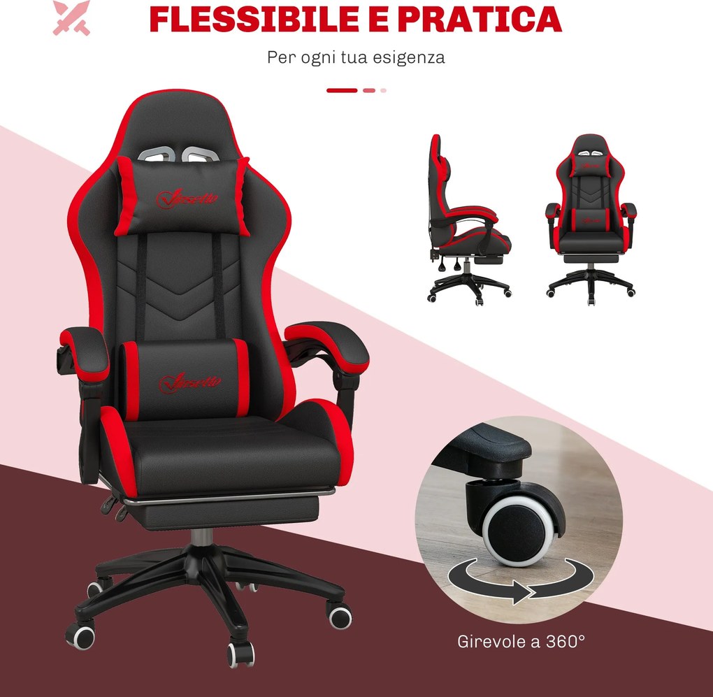 Ergonomická herní židle Vinsetto z PU kůže a oceli s opěrkou hlavy a nastavitelnou výškou, sklápěcí opěrkou a bederním polštářem, 65x65x121-129 cm, č…