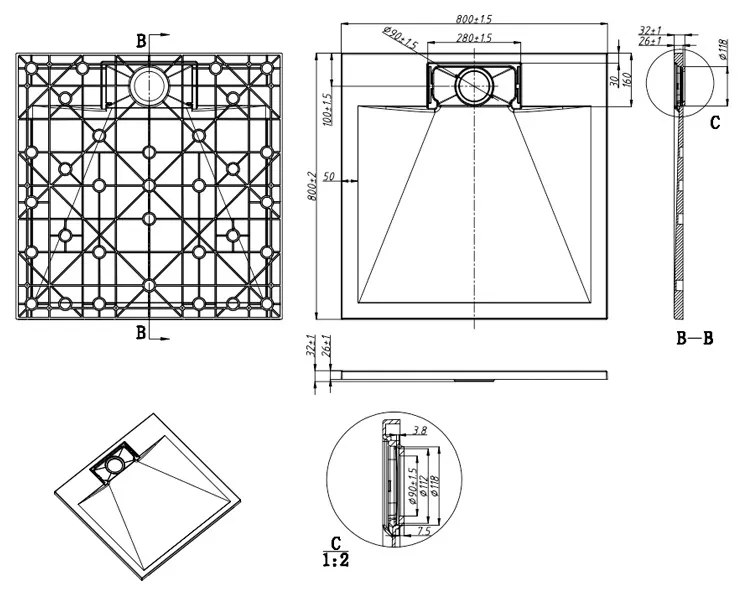 BPS-koupelny Čtvercová akrylátová sprchová vanička HYD-SSV-MIKO 80x80 černá