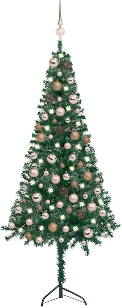 Rohový umělý vánoční stromek LED a sada růžových koulí - zelený | 120 cm PVC
