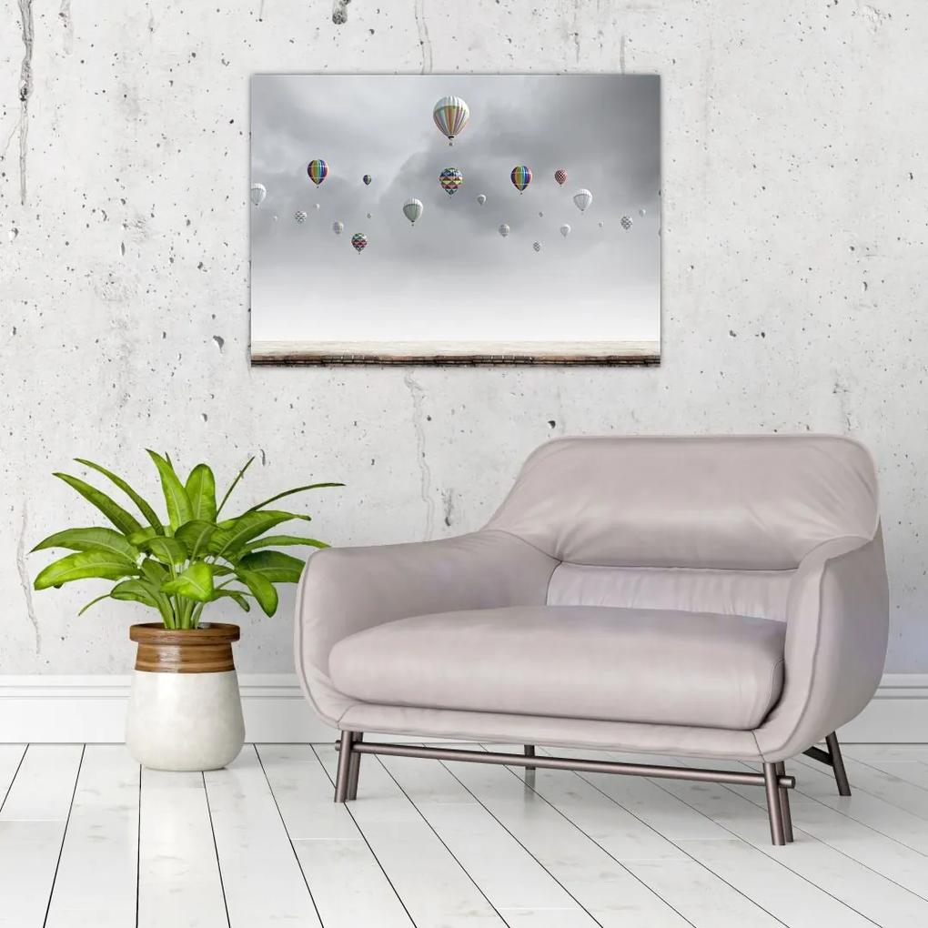 Skleněný obraz - Balóny nad cihlovou zdí (70x50 cm)