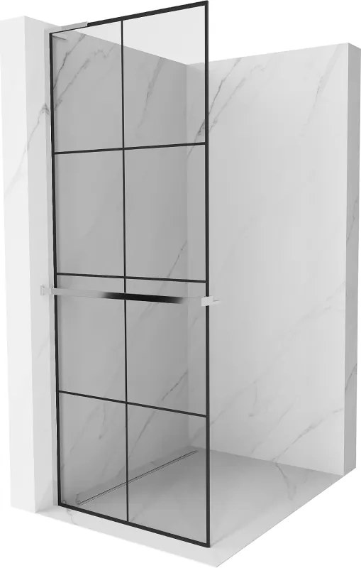 Mexen Kioto+ L, sprchová zástěna Walk-In s poličkou a věšákem 70 x 200 cm, 8mm čiré sklo černý vzor, chromový profil, 800-070-123-01-77