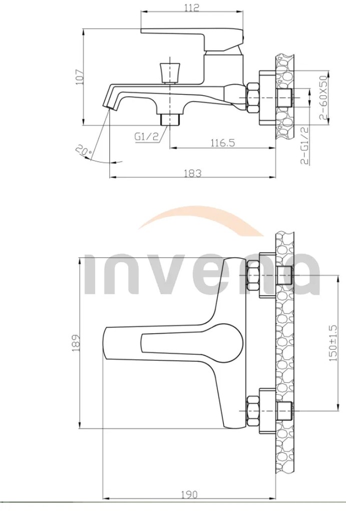 Invena Fira, nástěnná vanová baterie, černá matná, BW-71-004-V
