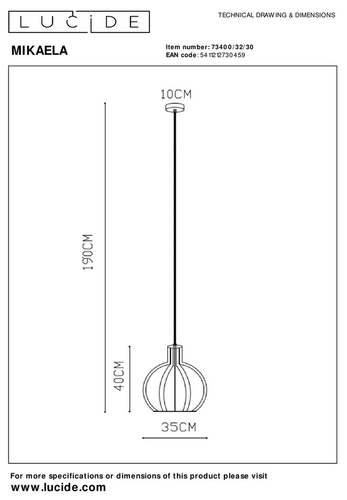 Lucide 73400/32/30 závěsné svítidlo Mikaela, černé, E27, ø35cm