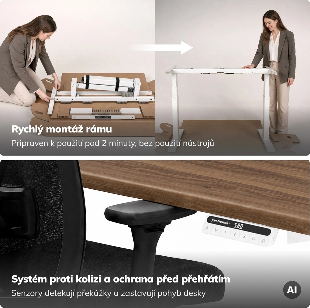 Elektrický stůl s nastavitelnou výškou ergonomický bílý/ořech,1600x800 mm: ARIA