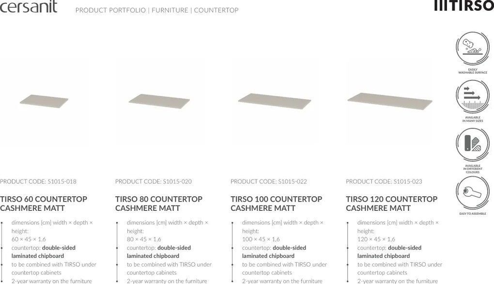 Cersanit Tirso, deska na koupelnovou skříňku 1000x450x18 mm, béžová matná, S1015-022