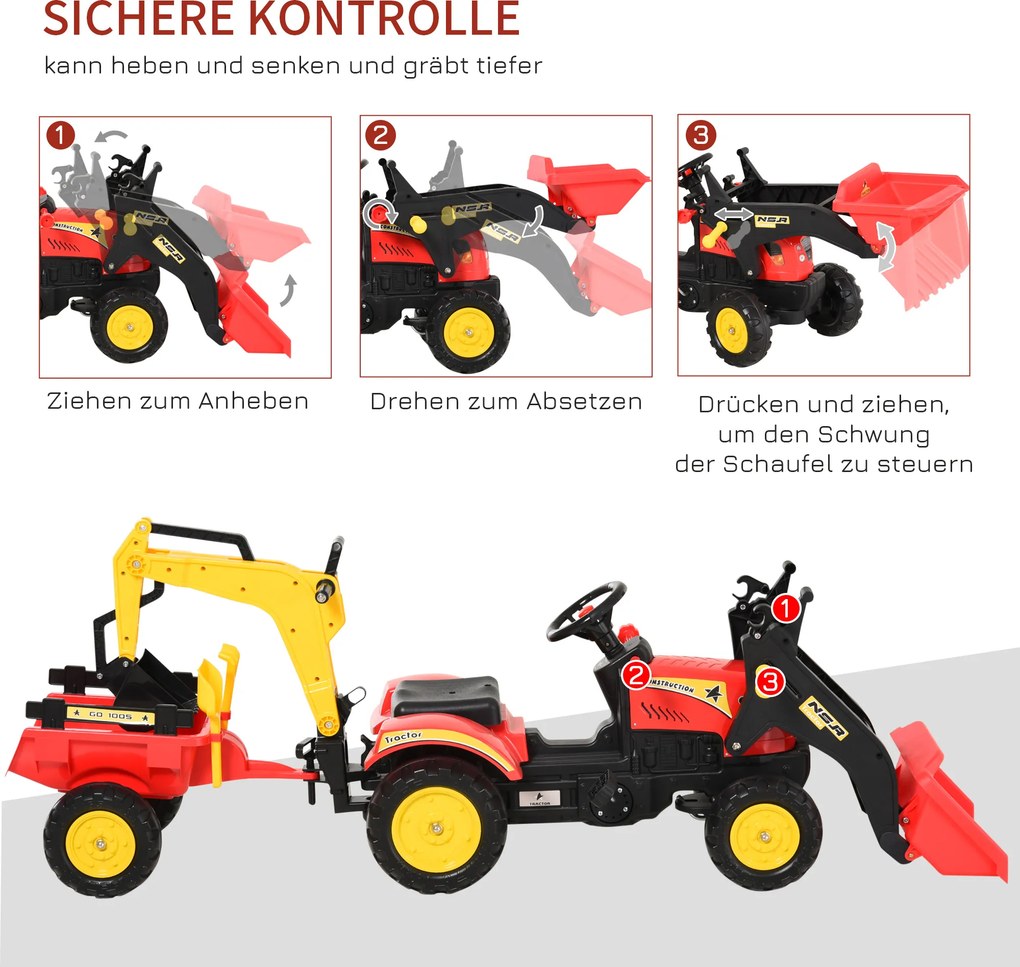 HOMCOM Šlapací traktor s přívěsem a čelním nakladačem, šlapací bagr pro děti od 3 let, červený, 179 x 42 x 59 cm, ideální pro zábavu a hry | Aosom.de