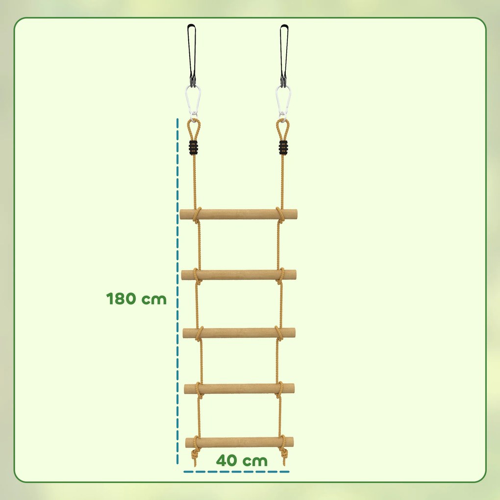 AIYAPLAY Ninja Line dětský lanový žebřík s 5 příčkami a slackline 1,8 m — přírodní dřevo, včetně 2 karabin a 2 popruhů na strom (3–8 let)