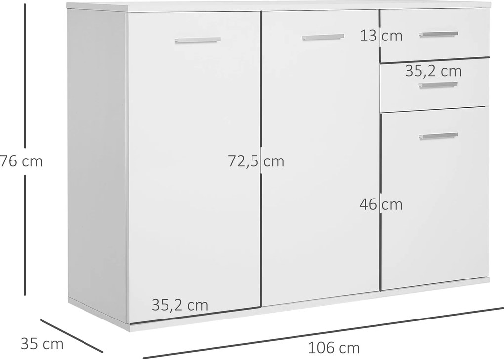 HOMCOM Kuchyňská Komoda se 2 Dveřmi a 2 Zásuvkami v Moderním Stylu pro Jídelnu 106x35x76cm Leskle Bílá
