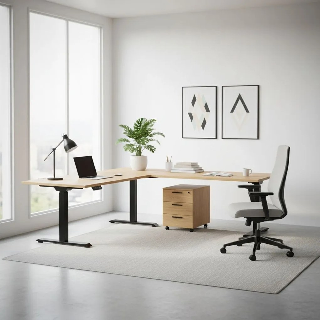 Výškově nastavitelný stůl OfficeTech Angle, 180 x 200 cm, černá podnož, dub kamenný