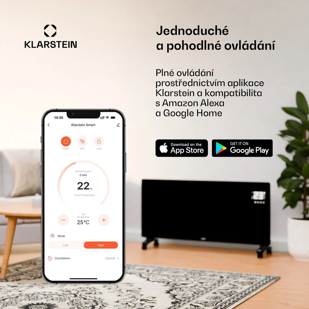 Klarstein Bornholm konvektorové topení | 3000 W | 30 m² | Výkonné a stylové | 105 cm x 51 cm