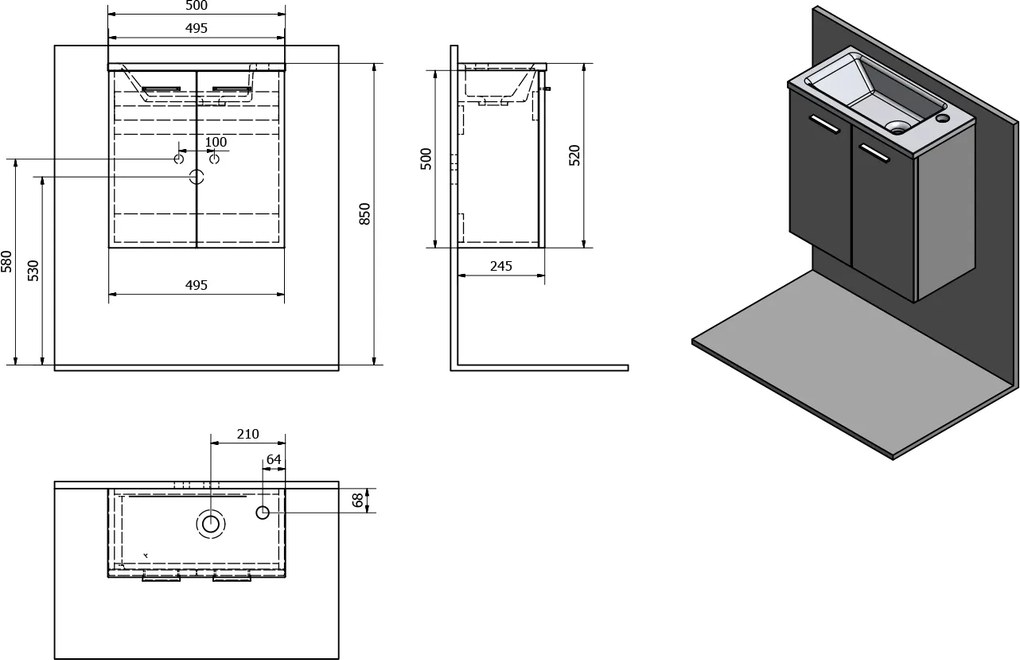Aqualine ZOJA umyvadlová skříňka 49x50x24,6cm, 2 dvířka, bílá 51047A