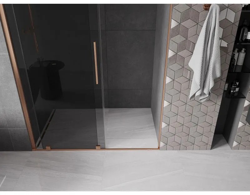 Mexen Velar, posuvné sprchové dveře do otvoru 130 cm, 8mm šedé sklo, měděná matná, 871-130-000-41-65
