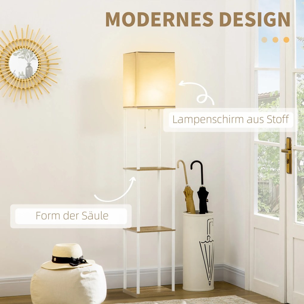 HOMCOM Stojací lampa s paticí E27 40 W Stojací lampa se 3 přihrádkami a látkovým stínidlem do obývacího pokoje ložnice v bílé barvě