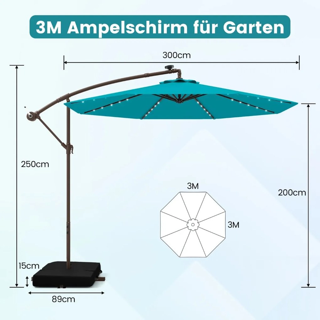 Costway Konzolový deštník Ø 300 cm se 40 solárními LED světly a pytli s pískem