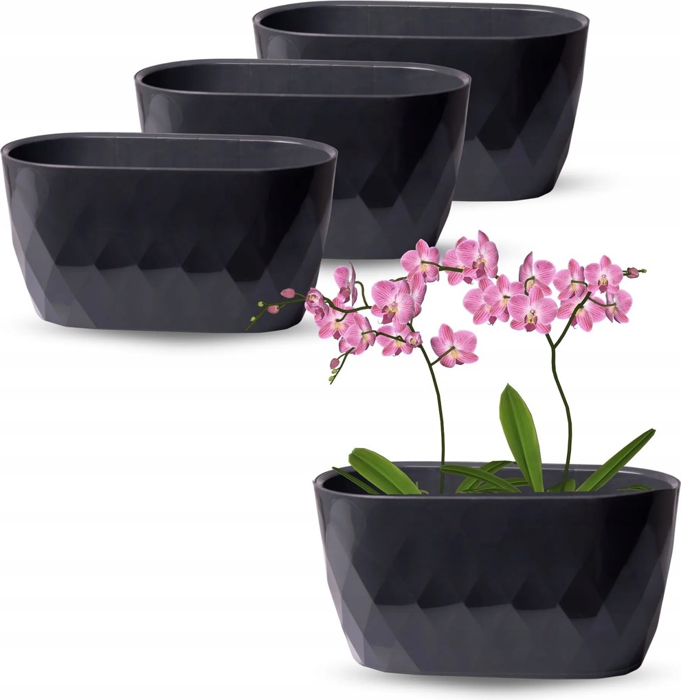 3 x Květináč Obal Na Květináč Plastový Oválný 29 Cm Černý