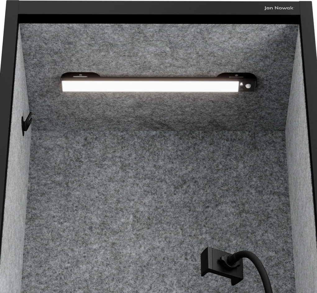Kancelářská akustická kabina se sedátkem a USB-C portem, korpus černý / sedák šedá, 600 mm: SALLY MentalBox