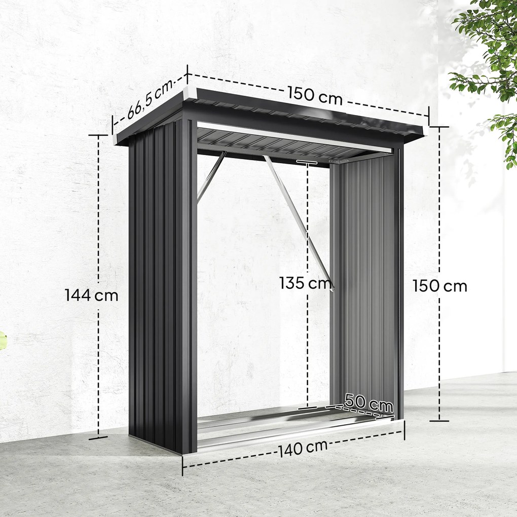 Přístřešek na palivové dřevo, ocelový, zvýšená podlaha, šikmá střecha, 150 x 66,5 x 150 cm, tmavě šedý