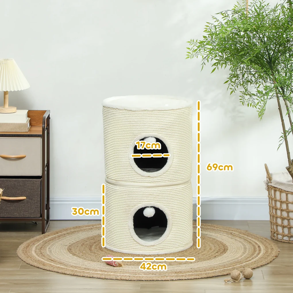 PawHut Kratztonne 69 Cm Hoch Katzentonne Mit 2 H hle Spielball 