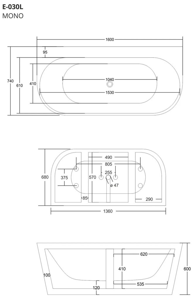 Aplomo Mono volně stojící akrylátová vana, široký okraj Délka vany: 150cm