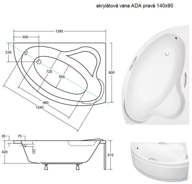 Besco Ada akrylátová vana 140x90 Orientace: Levá