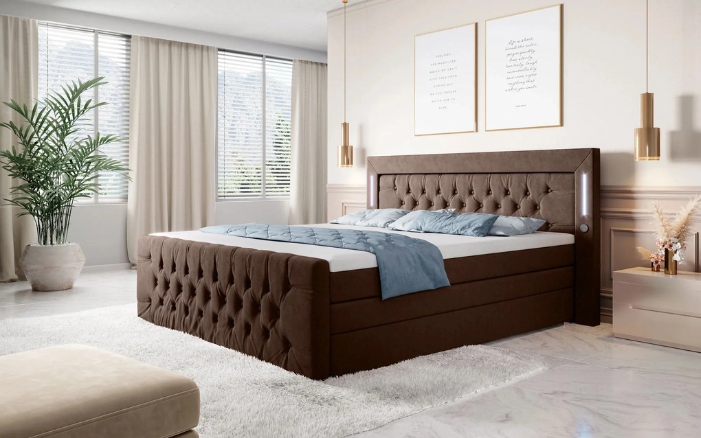 K&M postele Boxspring postel QUEEN s úložným prostorem, LED a USB Velikost postele: 120 × 200 cm, Výběr matrace: Taštičková zónová matrace - měkká (7…