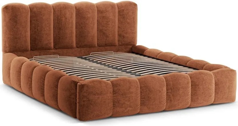 Čalouněná dvoulůžková postel s úložným prostorem s roštem 200x200 cm v terakotové barvě Lupine – Micadoni
