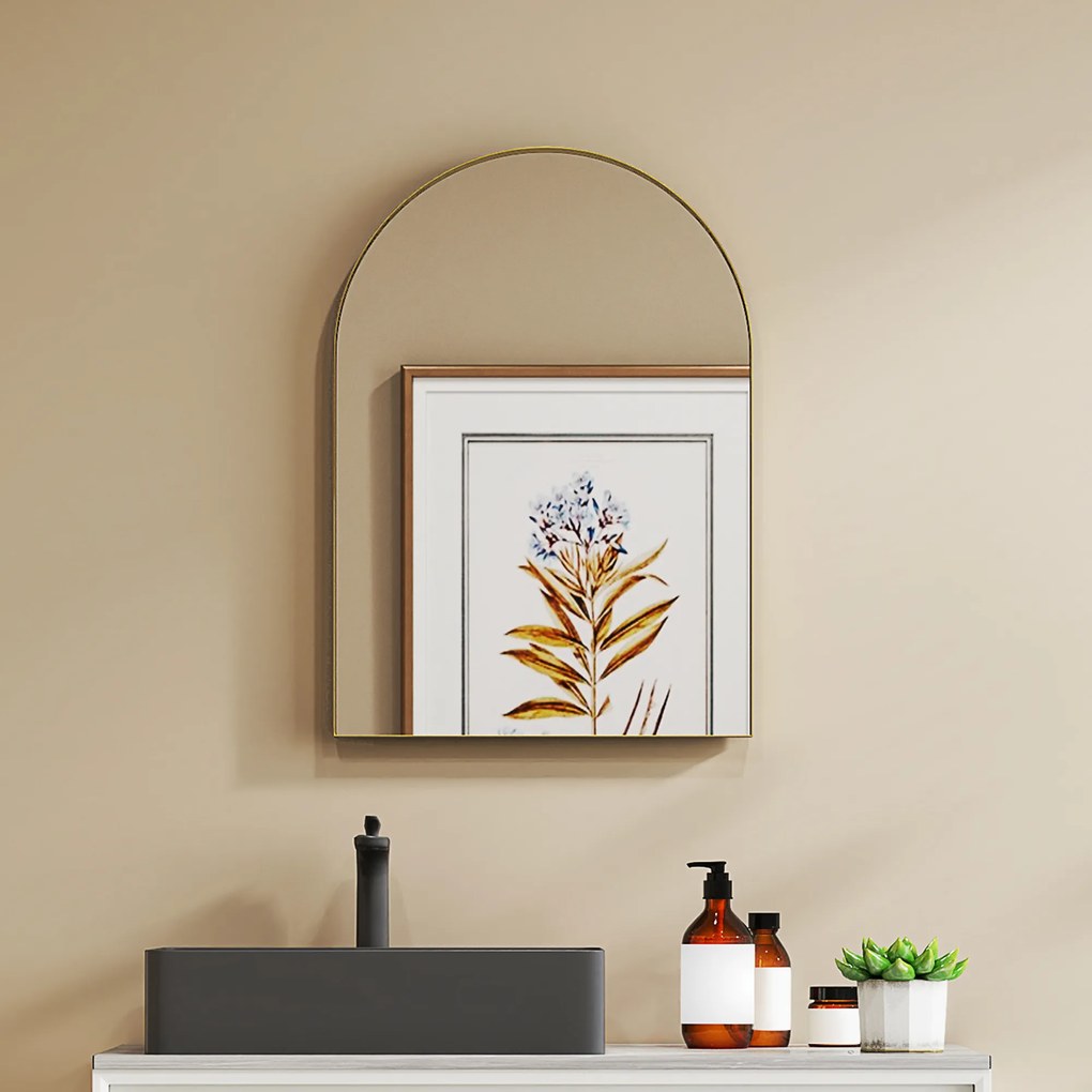HOMCOM Obloukové zrcadlo na stěnu, koupelnové zrcadlo, 50 x 70 cm, vysoké rozlišení, s hliníkovým rámem, pro ložnici, obývací pokoj, předsíň, zlaté