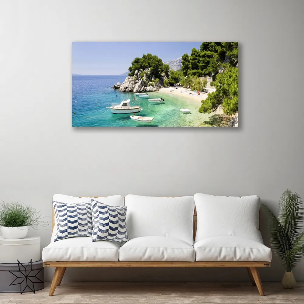 Obraz na plátně Moře Pláž Skály Lodě 140x70 cm