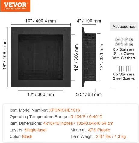 Sprchový výklenek připravený pro dlaždice 40,64 × 40,64 cm