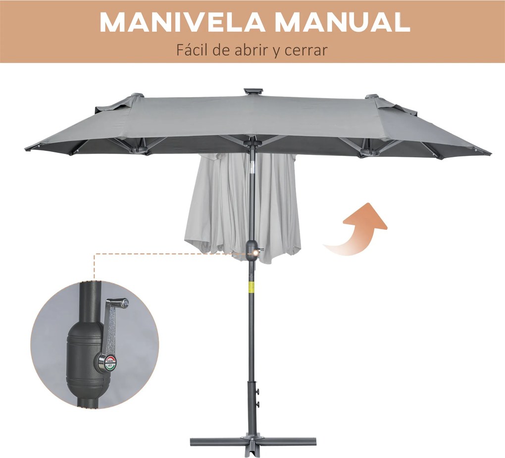 Outsunny Dvojitý slunečník 295x150x219 cm s LED solárními světly, nastavitelné sklopení a manuální klička pro terasu, bazén a pláž, šedý