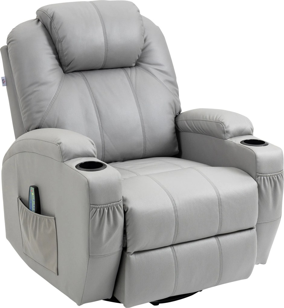 Masážní křeslo HOMCOM Relaxační křeslo s 8 vibračními body, 5 režimů, funkce polohování, nosnost 150 kg, imitace kůže, světle šedá