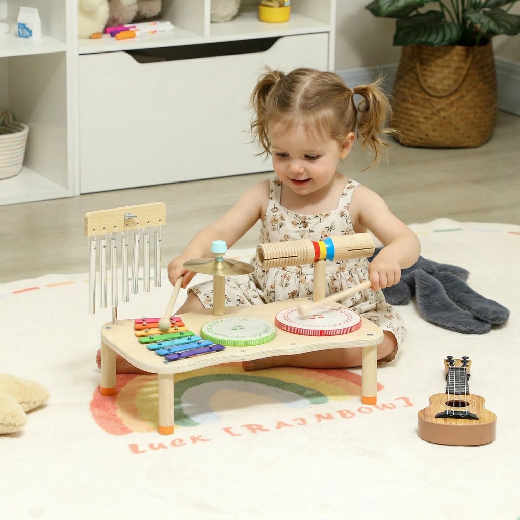 AIYAPLAY dětské hudební nástroje ze dřeva ve stylu Montessori s bubnem, xylofonem, dvojitým zvonem, cymbály, zvonkem