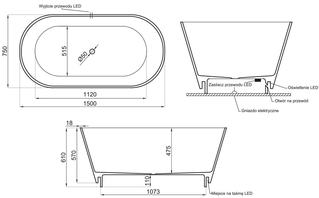 Polimat Volně stojící vana z litého mramoru Ida 150x75
