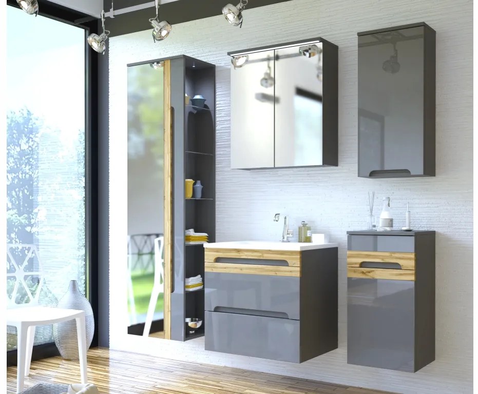 MAXIVA Koupelnová sestava - GALAXY grey, 60 cm, sestava č. 4, grafit/lesklý grafit/dub votan