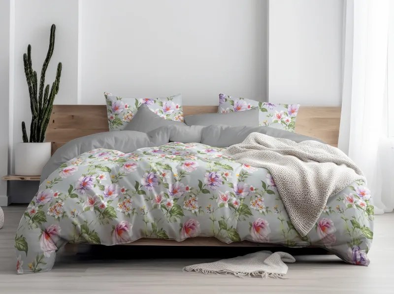 Ervi Bavlněné povlečení oboustranné - Magnolia a lilia na šedém/šedé